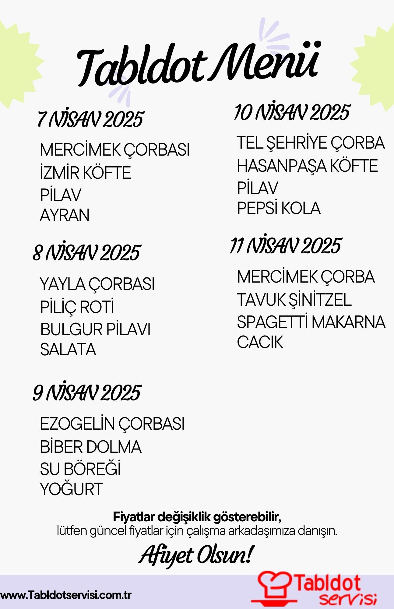 Nisan 2025 Tabldot Yemek Menüleri - Tabldot Servisi